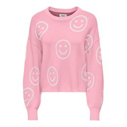 Strickpullover Only "ONLMONTANA LS JQ O-NECK CC KNT", Damen, Gr. M, romance rose pattern:cloud dancer smiley, Strick, Obermaterial: 82% Viskose, 18% Nylon, gemustert, regular fit normal, Rundhals, Rippb&uuml;ndchen, Pullover Strickpullover, mit Rippb&uuml;ndchen
