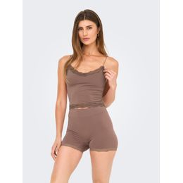 Spitzentop Only "ONLVICKY LACE SEAMLESS CROPPED TOP", Damen, Gr. XS, braun (cognac), Jersey, Obermaterial: 92% Polyamid, 8% Elasthan, unifarben, bauchfrei, V-Ausschnitt, Tops Spitzentop