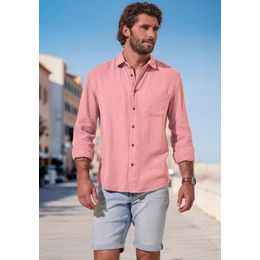 Beach Time Langarmhemd BEACHTIME "Regular fit", Herren, Gr. L (41/42), N-Gr, koralle, Web, Obermaterial: 100% Baumwolle, unifarben, regular fit normal, Rundhals, 2-Knopf-Manschette, Hemden, Langarm, Freizeithemd aus Musselin-Ware
