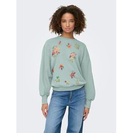 Sweatshirt Only "ONLBROOKE L/S O-NECK FLOWER SWT", Damen, Gr. XS, jadeite print:autumn flowers, Sweatware, Obermaterial: 60% Baumwolle, 40% Polyester, regular fit normal, Rundhals, Rippb&uuml;ndchen, Sweatshirts Sweatshirt, Baumwollmischung, regular fit