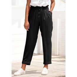 Paperbag-Hose Lascana, Damen, Gr. 46, N-Gr, schwarz, Twill, Obermaterial: 100% Viskose, unifarben, figurumspielend 7/8-L&auml;nge, Hosen Paperbag-Hose, mit Zierkn&ouml;pfen und Elastikbund, leichte Hose, gekrempelter Hosensaum