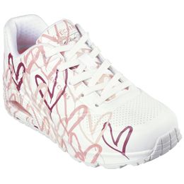 Wedgesneaker Skechers "UNO-SPREAD THE LOVE", Damen, Gr. 36, rosa (wei&szlig;, rosa), Lederimitat, kontrastfarbene Details, Schuhe, Freizeitschuh, Halbschuh, Schn&uuml;rschuh mit coolem Graffiti-Print