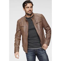Lederjacke Bruno Banani "Flint", Herren, Gr. S (48), braun (cognac), Obermaterial: 100% Lammnappaleder. Futter: 100% Baumwolle. &Auml;rmelfutter: 100% Polyester, used, tailliert, mit Knopf, Jacken, aus Lammnappaleder, taillierter Schnitt, Bikerkragen, Used-Optik