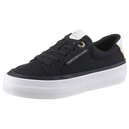 Plateausneaker Tommy Hilfiger "ESSENTIAL VULC TEXTILE SNEAKER", Damen, Gr. 41, blau (dunkelblau), Textil, unifarben mit Farbeinsatz, Schuhe Plateausneaker, Freizeitschuh, Halbschuh, Schn&uuml;rschuh mit goldfarbenen Details