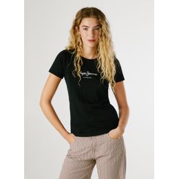 T-Shirt Pepe Jeans "NEW VIRGINIA", Damen, Gr. M/38, schwarz (schwarz 999), Single Jersey, Obermaterial: 95% Baumwolle, 5% Elasthan, bedruckt, figurumspielend h&uuml;ftlang, Rundhals, Shirts T-Shirt, mit Logo-Print