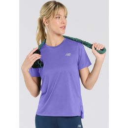 Laufshirt New Balance "SPORT ESSENTIAL T-SHIRT", Damen, Gr. L, electric pur, Web, Obermaterial: 100% Polyester, regular fit, Rundhals, eingesetzt normaler Saum, Shirts Laufshirt, Regular Fit Passform, Kurzarm, mit seitlichen Schlitzen