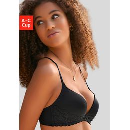 Push-up-BH Lascana, Damen, Gr. 90, Cup A, schwarz, Microtouch, Obermaterial: 60% Polyamid, 35% Polyester, 5% Elasthan, BHs Push-up-BH, ohne B&uuml;gel, mit extra flachen Kanten und feiner Spitze, Dessous