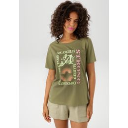 T-Shirt Aniston CASUAL, Damen, Gr. 40/42, gr&uuml;n (oliv, neongr&uuml;n, orange, rosa), Single Jersey, Obermaterial: 100% Baumwolle, bedruckt, figurumspielend h&uuml;ftbedeckend, Rundhals, Shirts T-Shirt, mit farbharmonischen Frontprint aus Foliendruck