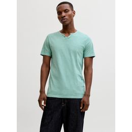 Jack & Jones T-Shirt JACK & JONES "JJESPLIT NECK TEE SS NOOS", Herren, Gr. S, gr&uuml;n (mineral blau), Jersey, Obermaterial: 100% Baumwolle, unifarben, regular fit taillenbedeckt, V-Ausschnitt, gerader Abschluss, Shirts T-Shirt, mit V-Ausschnitt
