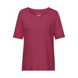 Langarm-Poloshirt GOLDNER "Halbarm Basic-Shirt aus Baumwolle", Damen, Gr. 38, rot (merlot), Obermaterial: 95% Baumwolle CO. 5% Elasthan EL., Shirts, Ausschnitt in Herzform mit Schmucksteinen verziert