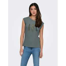 Kurzarmshirt Only "FEEL/FEATHERS TOP BOX CS JRS", Damen, Gr. M, gr&uuml;n (balsam gr&uuml;n print:three feather), Jersey, Obermaterial: 100% Baumwolle, bedruckt, unifarben, figurumspielend h&uuml;ftbedeckend, Rundhals, angeschnitten, Shirts