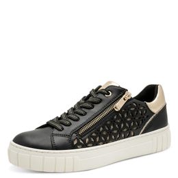 Plateausneaker Marco Tozzi, Damen, Gr. 37, schwarz, goldfarben, Lederimitat, kontrastfarbene Details, Schuhe Plateausneaker, Freizeitschuh, Halbschuh, Schn&uuml;rschuh mit unterlegtem Lochmuster