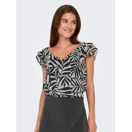 Blusenshirt Only "ONLASTA LIFE CAPSLEEVE V-NECK TOP PTM", Damen, Gr. S, schwarz aop:monochrome leafy, Jersey, Obermaterial: 100% Polyester, bedruckt, loose fit normal, V-Ausschnitt, Shirts Blusenshirt