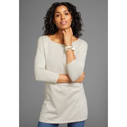 Longpullover Laura Scott, Damen, Gr. 34, beige (beige meliert), Feinstrick, Obermaterial: 70% Viskose, 30% Polyamid, meliert, unifarben, Basic, l&auml;ssig geschnitten, Rundhals, Pullover Longpullover, Feinstrick mit U-Boot Ausschnitt und seitlichem Schlitz