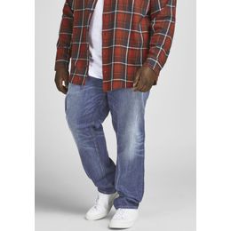 Jack & Jones PlusSize Slim-fit-Jeans "GLENN ORIGINAL", Herren, Gr. 42, L&auml;nge 32, blau (blau, denim), Denim/Jeans, Obermaterial: 70% Baumwolle, 28% Polyester, 2% Elasthan, JACK & JONES PLUSSIZE, Abriebeffekte, unifarben, schmal kn&ouml;chellang, Jeans Slim-fit-Jeans, Bis Weite 48
