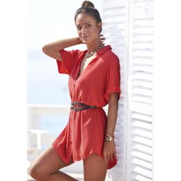 Longbluse Lascana, Damen, Gr. 38, rot (korallrot), Cr&ecirc;pe, Obermaterial: 100% Viskose, unifarben, figurumspielend kurz, mit Aufschlag, Blusen Longbluse, mit Knopfleiste, Kurzarmbluse, Blusenkleid, sommerlich
