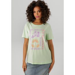 T-Shirt Aniston CASUAL, Damen, Gr. 40/42, gr&uuml;n (mint, lavendel, roange, rosa), Single Jersey, Obermaterial: 100% Baumwolle, bedruckt, figurumspielend h&uuml;ftbedeckend, Rundhals, Shirts T-Shirt, mit farbharmonischen Frontprint aus Foliendruck