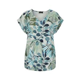 Kurzarmshirt GOLDNER "Sommershirt mit Print, V-Ausschnitt", Damen, Gr. 38, gr&uuml;n (gr&uuml;n, gemustert), Obermaterial: 94% Viskose CV. 6% Elasthan EL., figurumspielend, V-Ausschnitt, mit Aufschlag, Shirts, kleiner Aufschlag am Armabschluss