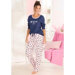 Pyjama Vivance Dreams, Damen, Gr. 32/34, marine, rosa, gemustert, Single Jersey, Obermaterial: 100% Baumwolle. Unterteil: 100% Baumwolle, gemustert, Basic lang, Rundhals, Homewear-Sets Pyjama, mit s&uuml;&szlig;em Schleifenmuster