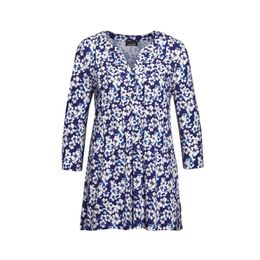 Print-Shirt GOLDNER "Kurzgr&ouml;&szlig;e Figurschmeichelndes Drucktunika-Shirt", Damen, Gr. 20, blau (marine, gebl&uuml;mt), Obermaterial: 96% Viskose CV. 4% Elasthan EL., normal, V-Ausschnitt, Sonstiges, Shirts, Ohne