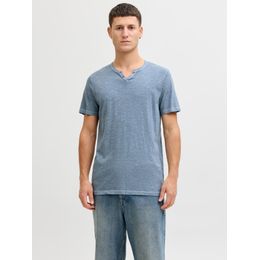 Jack & Jones T-Shirt JACK & JONES "JJESPLIT NECK TEE SS NOOS", Herren, Gr. L, blau mirage, Jersey, Obermaterial: 100% Baumwolle, unifarben, regular fit taillenbedeckt, V-Ausschnitt, gerader Abschluss, Shirts T-Shirt, mit V-Ausschnitt
