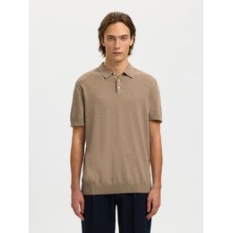Poloshirt Selected "SLHBERG SS KNIT POLO NOOS", Herren, Gr. XL, savannah tan detail:melange, Strick, Obermaterial: 100% Baumwolle, meliert, regular fit, Shirts, aus Feinstrick