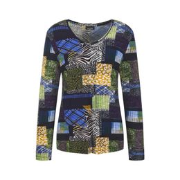 Langarmshirt GOLDNER "Kurzgr&ouml;&szlig;e Langarm Viskose-Shirt mit V-Ausschnitt", Damen, Gr. 20, blau (marine, gemustert), Obermaterial: 95% Viskose CV. 5% Elasthan EL., Modisch, figurumspielend, V-Ausschnitt, Shirts Langarmshirt, Patch-Print
