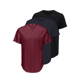 Only & Sons Rundhalsshirt ONLY & SONS "ONSMATT LONGY SS TEE 3-PACK", Herren, Gr. M, burgundy pack:1burgundy1schwarznavy1schwarz, Single Jersey, Obermaterial: 100% Baumwolle, unifarben, relaxed fit normal, Rundhals, Shirts Rundhalsshirt, Baumwolle, lang geschnitten