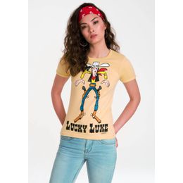 T-Shirt logoshirt "Lucky Luke Showdown", Damen, Gr. XL, gelb (ocker), 100% Baumwolle, bedruckt, normal, Rundhals, Shirts T-Shirt, mit lizenziertem Originaldesign
