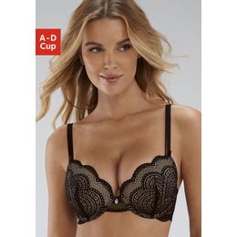 Push-up-BH Lascana "Kira", Damen, Gr. 75, Cup C, schwarz, Spitze, Obermaterial: 50% Polyamid, 43% Polyester, 7% Elasthan, BHs Push-up-BH, mit extravagantem B&auml;nderdetail an den Tr&auml;gern, Dessous