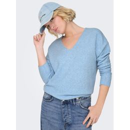 V-Ausschnitt-Pullover Only "ONLRICA LIFE L/S V-NECK PULLO KNT NOOS", Damen, Gr. S, blau (little boy blau detail:with melange), Strick, Obermaterial: 93% Polyester, 4% Nylon, 3% Elasthan, meliert, regular fit normal, V-Ausschnitt, Rippstrickb&uuml;ndchen, Pullover, Materialmix, regular fit