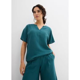 bonprix Oversize-Bluse mit Elastiksaum, petrol, Gr.40, Kurz&auml;rmlige Bluse aus leichtem Strukturmaterial mit V-Ausschnitt