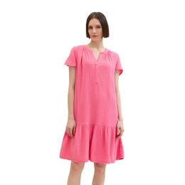Minikleid Tom Tailor, Damen, Gr. 36, N-Gr, pink (carmine pink), Web, Obermaterial: 100% Baumwolle, unifarben, regular fit kniefrei, V-Ausschnitt, Kleider Minikleid, mit leichter Raffung - in Crincle-Optik