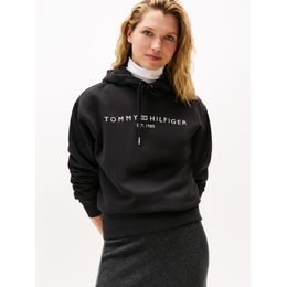 Kapuzensweatshirt Tommy Hilfiger "MDRN REG CORP LOGO HOODIE", Damen, Gr. XS (34), schwarz, Sweatware, Obermaterial: 64% Baumwolle, 36% Polyester, unifarben, regular fit h&uuml;ftlang, B&uuml;ndchen, Sweatshirts Kapuzensweatshirt, mit gesticktem Logo-Schriftzug