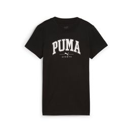 T-Shirt Puma "SQUAD GRAPHIC TEE", Damen, Gr. S, schwarz (Puma schwarz), Jersey, Obermaterial: 100% Baumwolle, bedruckt, regular fit normal, Rundhals, Shirts T-Shirt, sportlicher Stil, mit Print-Applikation im College-Stil, Kurzarm