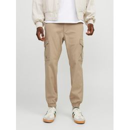 Jack & Jones Cargohose JACK & JONES "JPSTMARCO JJJOE CUFFED", Herren, Gr. 28, L&auml;nge 30, beige (crockery), Web, Obermaterial: 98% Baumwolle, 2% Elasthan, unifarben, slim fit normal, Hosen Cargohose