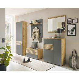 HBZ-MEBLE Garderoben-Set HBZ "5-tlg. Eiche Stripes Optik Flurgarderobe Stellma&szlig; BxHxT 260x197x38 cm", grau (artisan eiche, grau), B:260cm H:197cm T:38cm, Holzwerkstoff, Kastenm&ouml;bel-Sets, Garderoben-Set, Mit Schuhkommode, Hochschrank, Bank, Paneel, Spiegel, Topseller