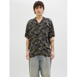 Jack & Jones Kurzarmhemd JACK & JONES "JJEJEFF TROPICAL AOP RESORT SHIRT SS SN", Herren, Gr. M, N-Gr, schwarz, Web, Obermaterial: 100% Viskose, bedruckt, relaxed fit taillenbedeckt, ohne Ausschnitt, Hemden Kurzarmhemd, mit All-Over Print