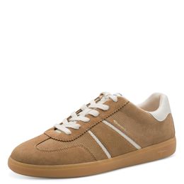 Plateausneaker Tamaris, Damen, Gr. 38, taupe, wei&szlig;, Lederimitat, Veloursleder, unifarben mit Farbeinsatz, Schuhe Plateausneaker, Freizeitschuh, Halbschuh, Schn&uuml;rschuh mit gepolstertem Schaftrand