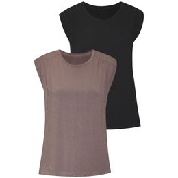 Shirttop Lascana "mit Schulterraffung", Damen, Gr. 40/42, grau (taupe, schwarz), Single Jersey, Obermaterial: 95% Viskose, 5% Elasthan, unifarben, Basic, figurumspielend normal, Rundhals, Tops Shirttop, aus weichem Viskose-Stretch