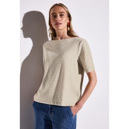 T-Shirt Street One, Damen, Gr. 36, beige (moonstone sand), Jersey, Obermaterial: 85% Baumwolle, 12% Polyester, 3% Elasthan, Strukturmuster, regular fit taillenbedeckt, U-Boot-Ausschnitt, Shirts T-Shirt, mit feiner Struktur