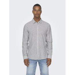 Only & Sons Kurzarmhemd ONLY & SONS "ONSCAIDEN LS STRIPE LINEN SHIRT 660 NOOS", Herren, Gr. S, N-Gr, blau (schwarz navy), Web, Obermaterial: 55% Baumwolle, 45% Leinen, unifarben, Basic, slim fit, Hemden Kurzarmhemd
