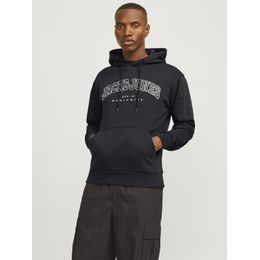 Jack & Jones Kapuzensweatshirt JACK & JONES "JJECALEB VARSITY SWEAT HOOD NOOS", Herren, Gr. S, schwarz, angeraute Sweatware, Obermaterial: 70% Baumwolle, 30% Polyester, bedruckt, loose fit, Rundhals, B&uuml;ndchen, Sweatshirts Kapuzensweatshirt
