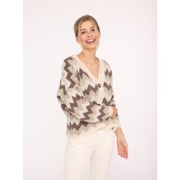 Strickjacke Zwillingsherz "Buntes ZickZack", Damen, beige, Strick, Obermaterial: 57% Polyamid, 29% Polyester, 7% Wolle, 7% Viskose, gemustert, comfort fit h&uuml;ftlang, V-Ausschnitt, Strickjacken Strickjacke, Langarm, Zick-Zack-Muster, Knopfleiste, tiefer V-Ausschnitt