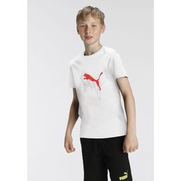 T-Shirt Puma "ESS+ LOGO LAB GRAPHIC TEE B", Jungen, Gr. 140, wei&szlig; (Puma wei&szlig;), Jersey, Obermaterial: 100% Baumwolle, bedruckt, regular fit normal, Rundhals, Shirts T-Shirt, Kurzarmdesign, leichte und atmungsaktive Passform