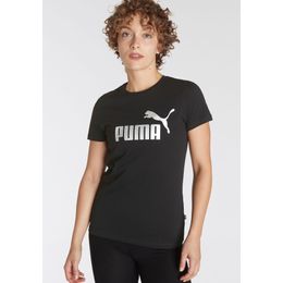 T-Shirt Puma "ESS+ METALLIC LOGO TEE", Damen, Gr. XS, schwarz (Puma schwarz, silber metallic), Jersey, Obermaterial: 100% Baumwolle, unifarben, regular fit normal, Rundhals, Shirts T-Shirt, Regular Fit, Kurzarm, Rundhalsausschnitt, aus Baumwolle