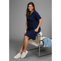 Jerseykleid LAURA SCOTT CURVE, Damen, Gr. 58, N-Gr, blau (navy), Jersey, Obermaterial: 95% Viskose, 5% Elasthan, unifarben, Basic, A-Linie knielang, V-Ausschnitt, abgesteppt, Kleider Jerseykleid, in leicht ausgestellter, flie&szlig;ender Wickelform - GROSSE GR&Ouml;SSE