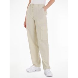Cargohose Tommy Jeans "TJW HARPER HR CARGO PANT", Damen, Gr. 29, L&auml;nge 30, beige (newsprint), Web, Obermaterial: 72% Baumwolle, 28% Polyamid, unifarben, normal, Hosen Cargohose, mit gro&szlig;en aufgesetzten Taschen