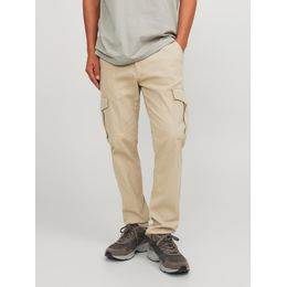Jack & Jones Cargohose JACK & JONES "JPSTMARCO JJJOE CARGO", Herren, Gr. 28, L&auml;nge 30, beige (crockery), Web, Obermaterial: 98% Baumwolle, 2% Elasthan, unifarben, schmal normal, Hosen Cargohose