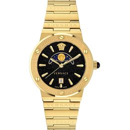 Quarzuhr Versace "GRECA LOGO MOONPHASE", gold (goldfarben), Armbanduhren, Damen, Quarzuhr, Armbanduhr, Damenuhr, Saphirglas, Datum, Swiss Made, Mondphase